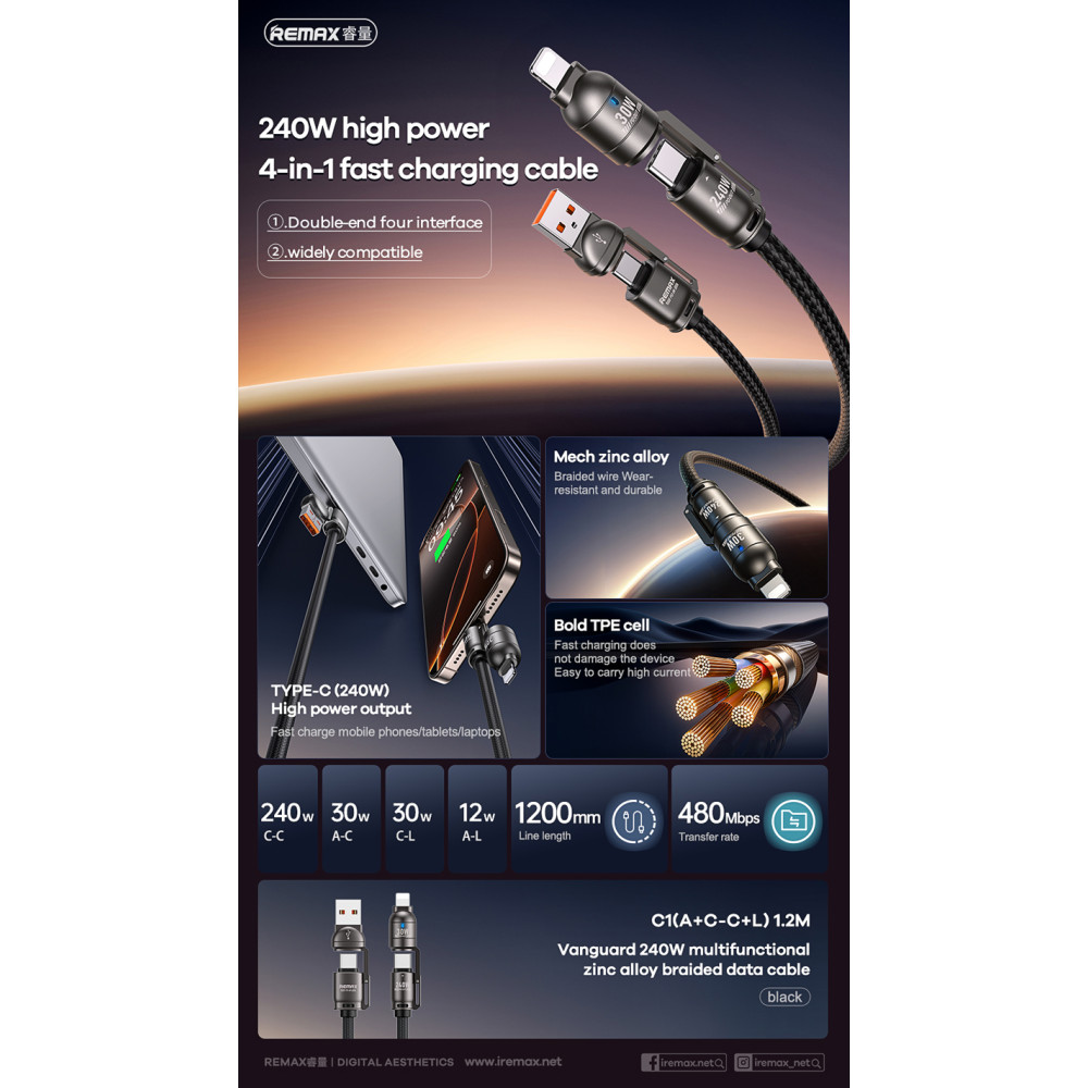 Data Cable Remax C1 Vanguard USB+Type-C to Lightning+Type-C 240W 1.2m
